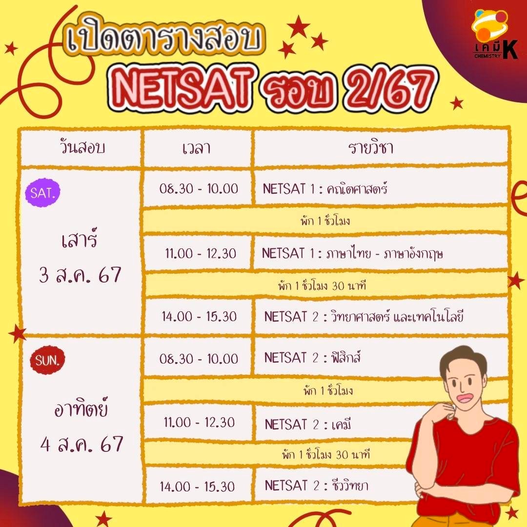 เปิดตารางสอบ NETSAT รอบ 2/67 - คอร์สเรียนเคมีออนไลน์ | เคมีพี่กัปตัน-เคมีK
